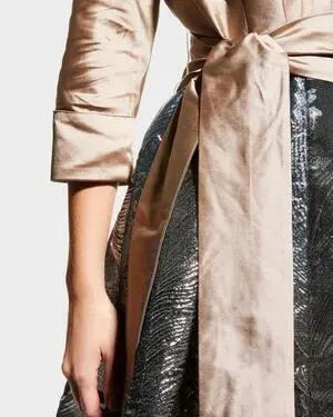 Rickie Freeman For Teri Jon Taffeta Shirtdress W/ Feather Metallic Jacquard - Gold Multi