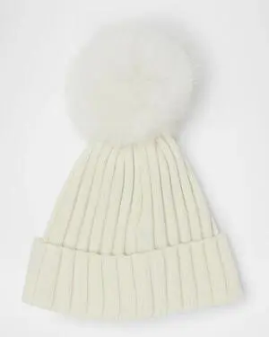 Moncler Ribbed Logo Beanie With Faux Fur Pom - Natural