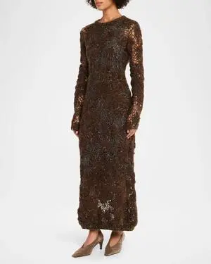 Brunello Cucinelli Mohair Sparkling Floral Embroidered Mesh Dress