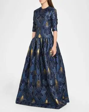 REEM ACRA 3/4-sleeve Lame Brocade Drop-waist Gown - Navy
