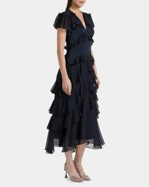 Cinq À Sept Tatum Ruffled Flutter-sleeve Dress Navy