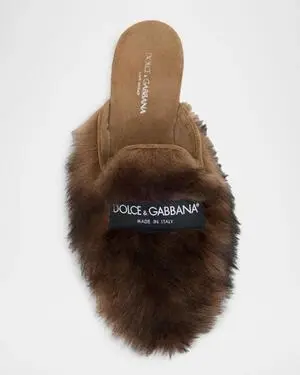 Dolce & Gabbana Logo Tag Shearling Mules - Brown