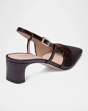 STUART WEITZMAN 40mm Baby Babette Croc-embossed Leather Slingback Pumps - Walnut