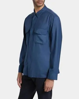 Canali Apos;s Wool And Silk Flap-pocket Button-down Shirt - Blue