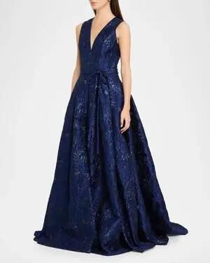 REEM ACRA Deep V-neck Textured Metallic Jacquard Ball Gown