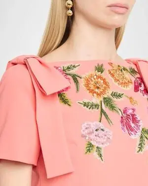 Carolina Herrera Embroidered Bow-shoulder A-line Gown Sunset