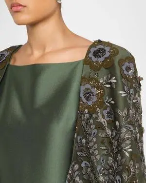 Badgley Mischka Floral-embroidered Cape Column Gown