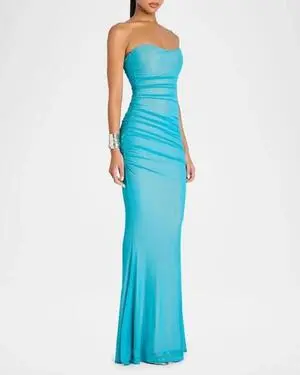 Retrofete Quintessa Ruched Mesh Strapless Gown