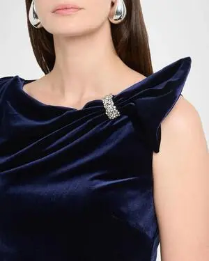 Badgley Mischka Draped Stretch Velvet Column Gown