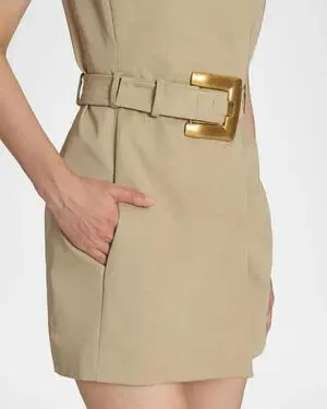 Balmain Belted Gabardine Sleeveless Mini Dress - Sable