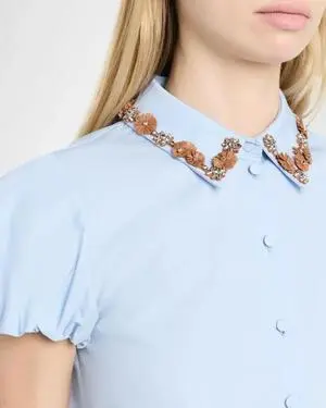Dice Kayek Embellished Collar Puff-sleeve Button-down Shirt - Blue