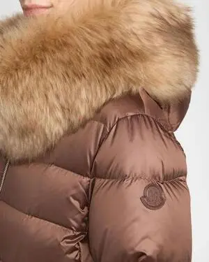 Moncler Leersie Hooded Shearling-trimmed Long Down Jacket