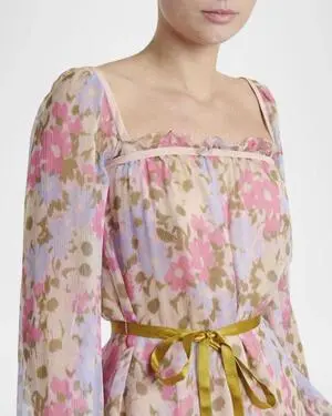 Valentino Garavani Floral-print Silk Chiffon Long-sleeve Belted Blouse