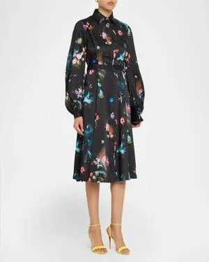 Prabal Gurung Balloon Long-sleeve Floral-print Midi Dress - Black Mult