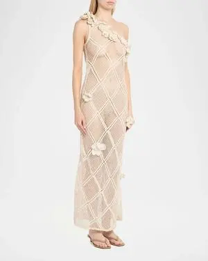 JW Anderson Floral Crochet One-shoulder Net Knit Ankle Dress