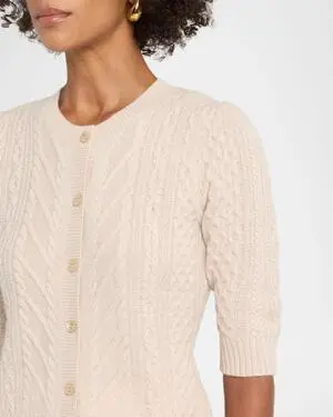 Neiman Marcus Cashmere Crewneck Cable-knit Cardigan - Bone