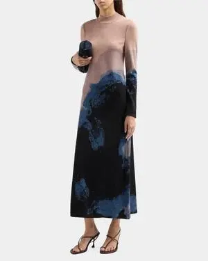 Misook Abstract Long-sleeve A-line Maxi Dress