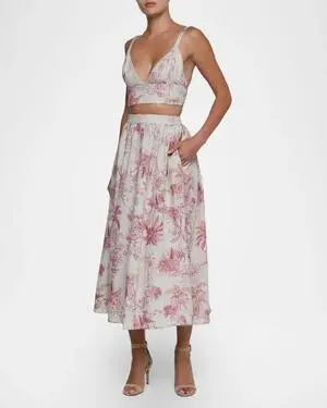 L & APOS;AGENCE Seina Pleated Etoile-print Linen Midi Skirt - Tan Multi