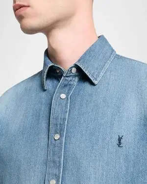 Saint Laurent Apos;s Colorado Embroidered Cassandre Snap-front Denim Shirt - Sky