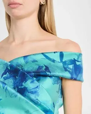 Rickie Freeman For Teri Jon Off-shoulder Floral Gazar Column Gown