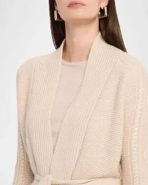Neiman Marcus Cashmere Cable Belted Cardigan - Bone