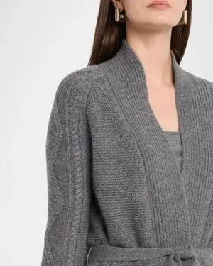 Neiman Marcus Cashmere Cable Belted Cardigan Heather Gr