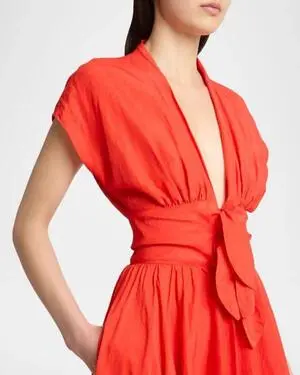 Alaïa Plunging Belted Linen Midi Dress