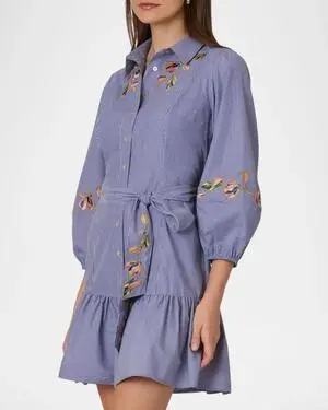 Shoshanna Gwen Floral-embroidered Pinstripe Poplin Mini Dress - Lapis Multi