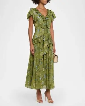 Cinq À Sept Windswept Floral Siv Ruffle Midi Dress