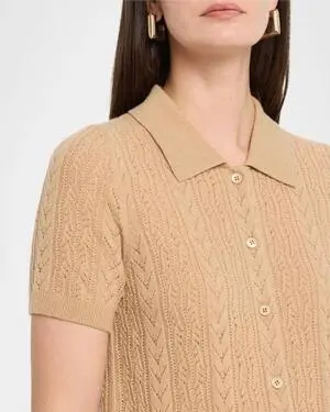 Neiman Marcus Pointelle-knit Cashmere Polo Camel