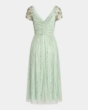Mac Duggal Ruched Bead And Sequin Mesh Midi Dress Sage