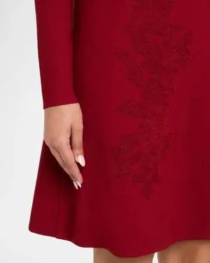 Lela Rose Floral Velvet Jacquard Long-sleeve A-line Dress - Oxblood