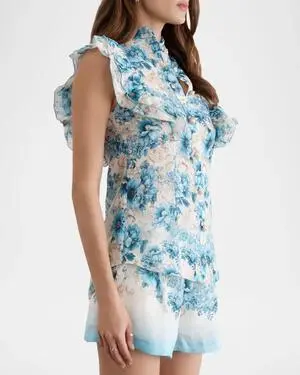AQUA BLU AUSTRALIA Aubrey Floral Ruffle Top - Blue