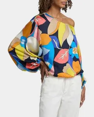 Ramy Brook Hibiscus Marley Satin One-shoulder Blouse