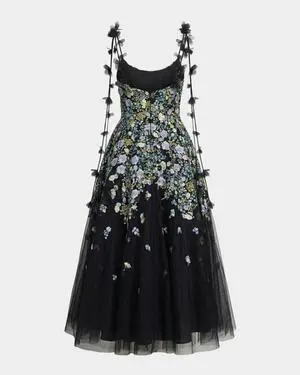 Mac Duggal Floral-embroidered Tassel Tulle A-line Cocktail Maxi Dress - Black Multi