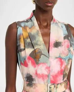 Lela Rose Floral-print Cotton Sleeveless Midi Dress With Belt - Mist Multi