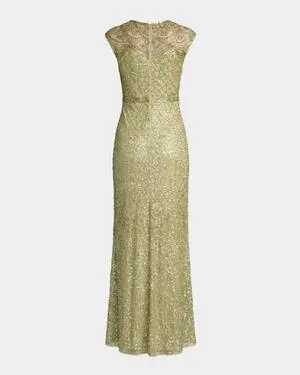 Mac Duggal Cap-sleeve Beaded Mesh Column Gown