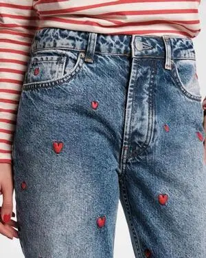 FRANCES VALENTINE Andy Sweetheart Heart-embroidered Crop Jeans - Navy