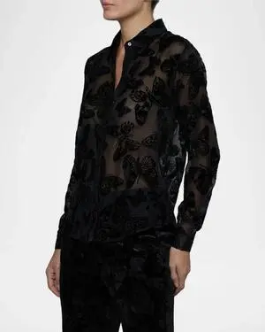 L & APOS;AGENCE Laurent Burnout Velvet Blouse - Black
