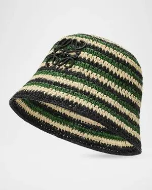 Loewe Anagram Striped Raffia Bucket Hat - Black Gree