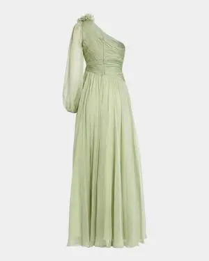 Mac Duggal Pleated One-shoulder Chiffon Gown