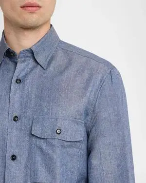 Brioni Apos;s Cotton And Linen Flap-pocket Military Shirt - Navy