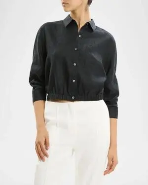 Theory Ruched-sleeve Cropped Linen Shirt