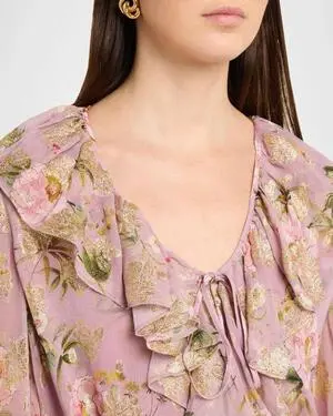 Kobi Halperin Leia Metallic Floral-print Ruffle Blouse - Rose Multi