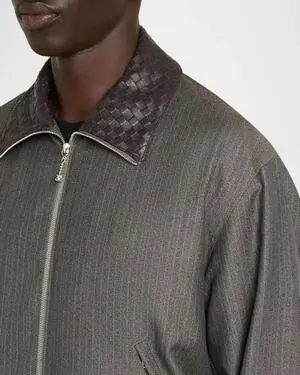 Bottega Veneta Apos;s Shadow Stripe Intrecciato Leather-collar Jacket - Grey
