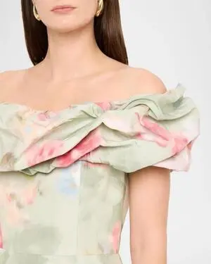RICKIE FREEMAN FOR TERI JON Off-shoulder Floral Taffeta Gown