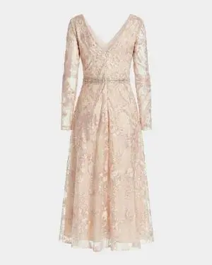 Mac Duggal Crystal Floral Embroidered Mesh Midi Dress