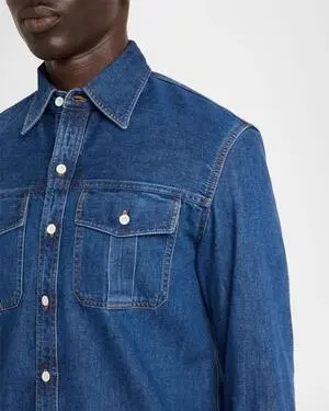 Isaia Apos;s Denim Button-down Shirt - Medium Blu