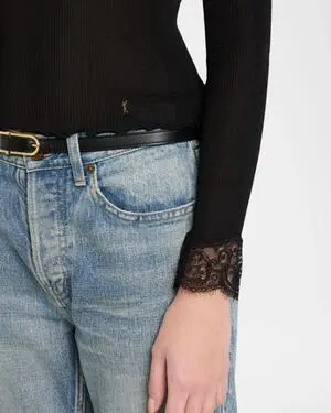 Saint Laurent Lace Trim Wool-cashmere Rib Jersey Long-sleeve Top - Nero
