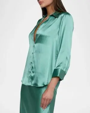 L & APOS;AGENCE Dani Silk Satin 3/4-sleeve Button-down Blouse - Malachite